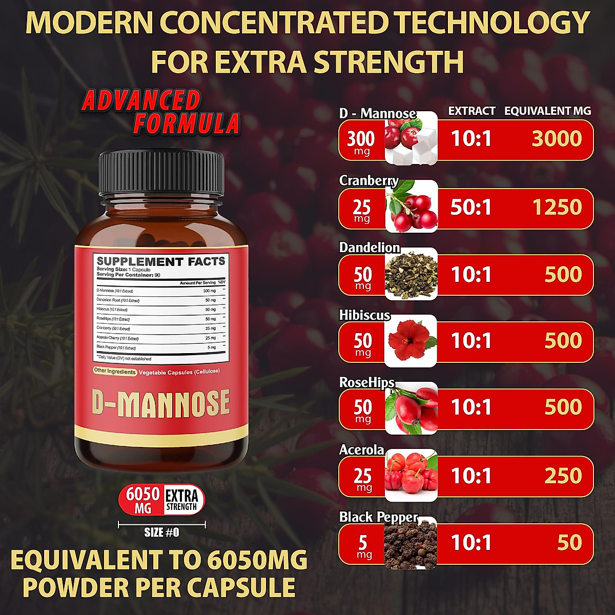 D-Mannose Capsules - 7 Herbs with Cranberry, Dandelion, Hibiscus and More - Support Flush Impurities and Urinary Tract Health - 90 Vegan Capsules 3-Month Supply