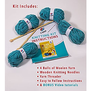 CraftLab Knitting Kit for Beginners, Kids and Adults Includes All Knitting Supplies: Wool Yarn, Wooden Knitting Needles, Yarn Needle and Instructions – Fantastic Gift