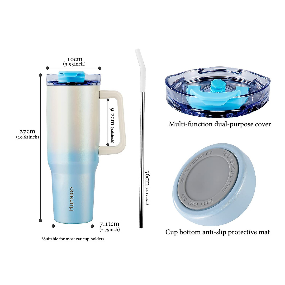 Murmioo 40OZ Tumbler with Handle and Straw,Insulated Leak Proof Double Walled Stainless Steel Travel Mug,Reusable Water Bottle Cup，keep Cold Ice，Hot water for Hours(Blue white gradient)