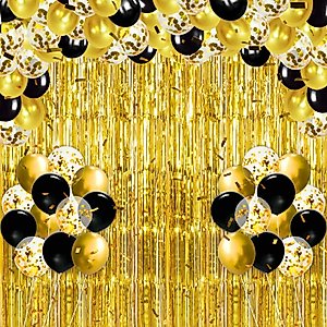 Avezano 66pcs Black and Gold Party Decorations, Gold Metallic Tinsel Foil Fringe Curtain Balloon Arch Kit Backdrop for Graduation Retirement Birthday Prom Party Decor Photoshoot Props Supplies