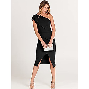 ANRABESS Women's One Shoulder Cocktail Evening Night Party Midi Dress Sleeveless Ruffle Wrap Ruched Bodycon Formal Wedding Guest Dresses for Graduation Prom 847heise-M Black