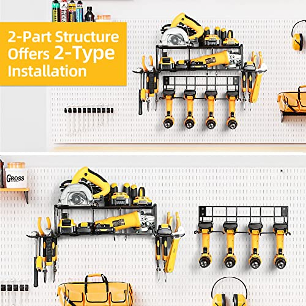 Yecaye 3 Layers Heavy Duty Drill Holder Wall Mount, 4 Slots Power Tool Storage Rack with Screwdriver Holder, Compact Metal Electric Tool Organizer Shelf, Black