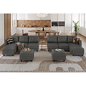 LLappuil Modular Sectional Sofa, Oversized Sectional Couch with Reversible Chaise, Modular Sectionals for Living Room, Faux Leather Fabric Waterproof Sofa, 10 Seat Couch with Storage, Dark Grey