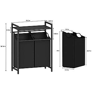 LAATOOREE Double Laundry Hamper with Top Shelf, Two-Color Tall Laundry Basket with 2 Removable Laundry Sorter Bags, Clothes Hamper for Laundry Room, Bedroom - Black Walnut and Black