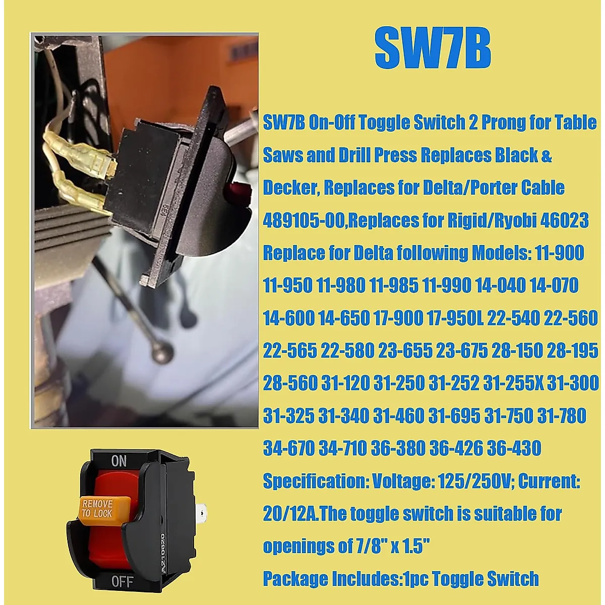 SW7B On-Off Toggle Switch 2 Prong ，Replacment for Delta,Aftermarket Replacment for Ryobi 46023 Delta/Porter Cable 489105-00 438010170141， for Table Saws Drill Press Power Tools Planer Band Saw