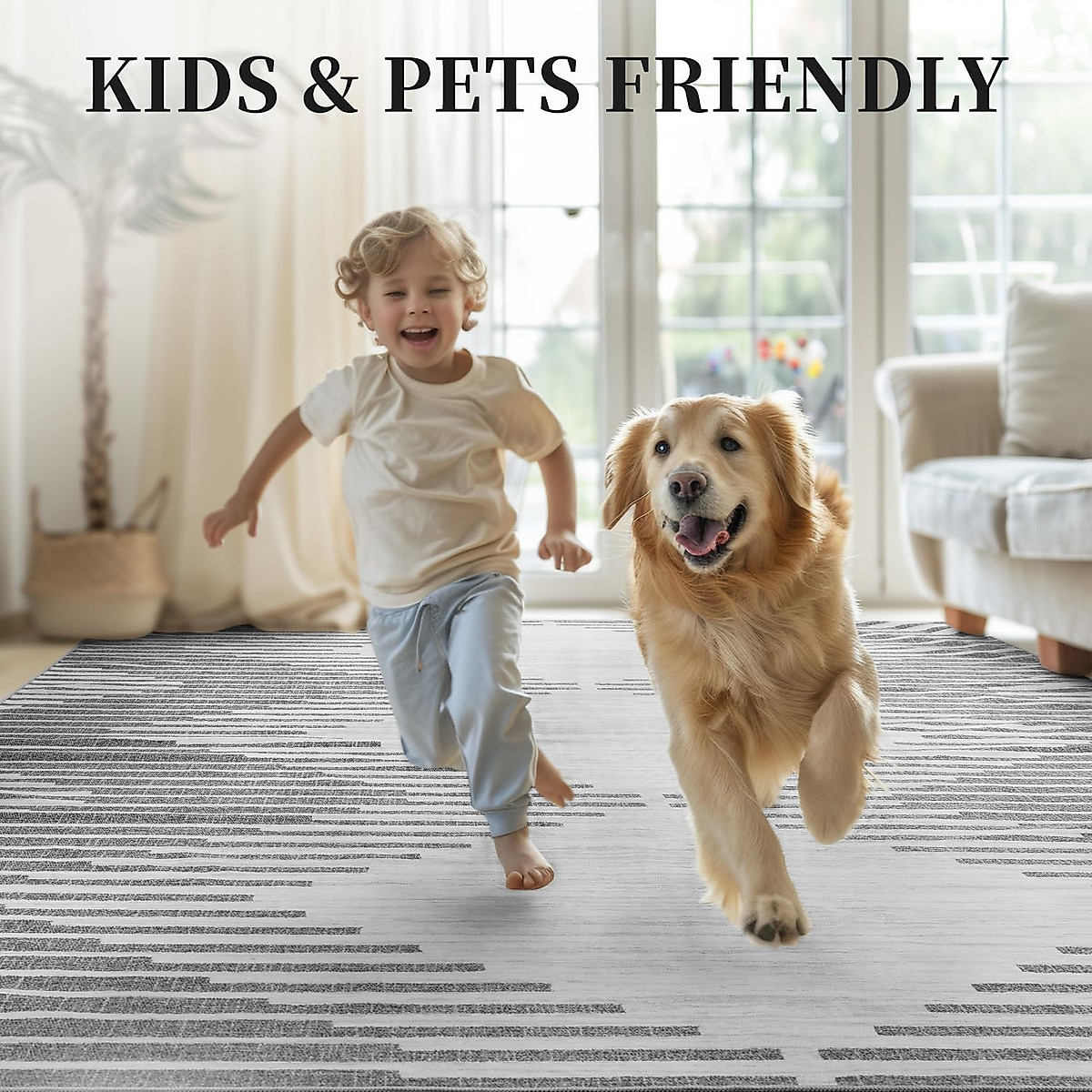 5x7 Area Rugs with 0.2" Thick Rug Pad Sets, Soft Boho Moroccan Machine Washable Carpet, Neutral Grey Non-Slip Dining Room Rugs for Living Room Bedroom, Kids & Pet Friendly