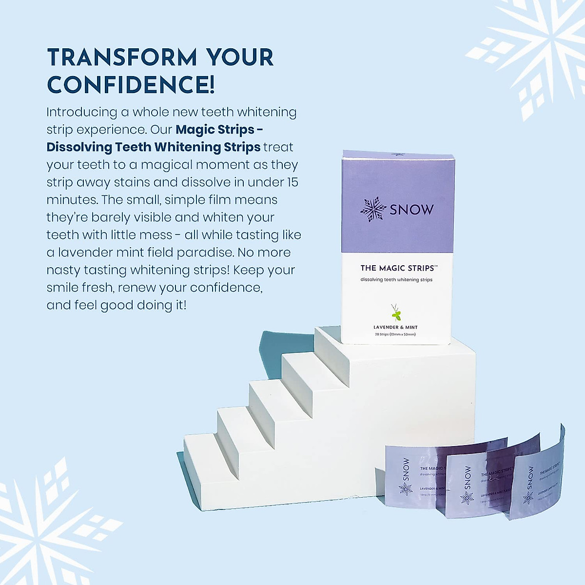 Snow The Magic Strips - Safe for Enamel Dissolving Teeth Whitening Strips - Mess-Free Portable Teeth Whitener for Oral Care with Lavender & Mint Flavor, Whitening Strips for Teeth, 1 Pack of 28 Strips