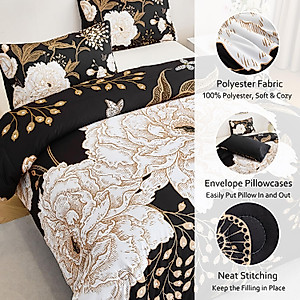 PERFEMET Floral Comforter Set King, White Botanical Flower and Gold Leaves Pattern Printed on Black Design, Soft Reversible Garden Style Butterfly Print Bedding Set for Men Women (Black, King)