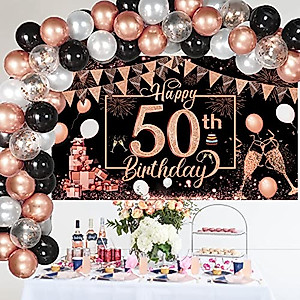 Rose Gold Black Happy 50th Birthday Extra Large Background Banner with 50pcs Metallic Shiny Latex Balloons for 50th Birthday Party Backdrop Decoration Supplies