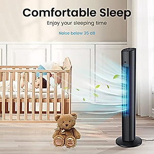 Grelife 36'' Tower Fan with Remote, 75° Oscillating Fan, Bladeless 3 Modes, Speeds, LED Display Auto Off, Quiet Cooling 12H Timer for Bedroom Living Room Office, Black