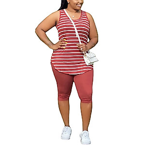 acelyn Women's Striped 2 Piece Outfits Plus Size Casual Summer Tank Tops Biker Shorts Sets (X9244-Red, XL)