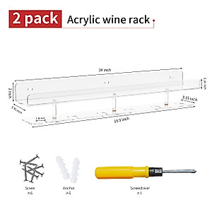 Hexsonhoma 24'' Clear Wine Glass Holder Wall Mounted 2 Pack, Acrylic Wall Bar Shelf with Removable Glasses Holder, Floating Bar Shelves for Wine Bottles, Liquor Bottles, Glasses