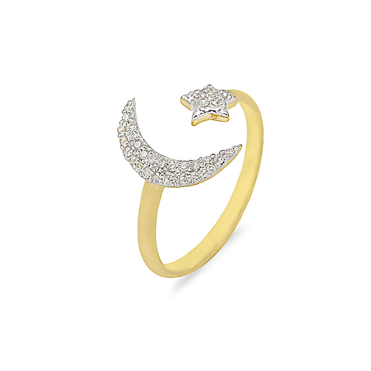 Certified 14K Yellow Gold Moon Star Stackable Ring 0.11 Carat Natural Real Diamonds (H I Color, Vs2 Si1 Clarity) Proposal Gift Women Jewelry