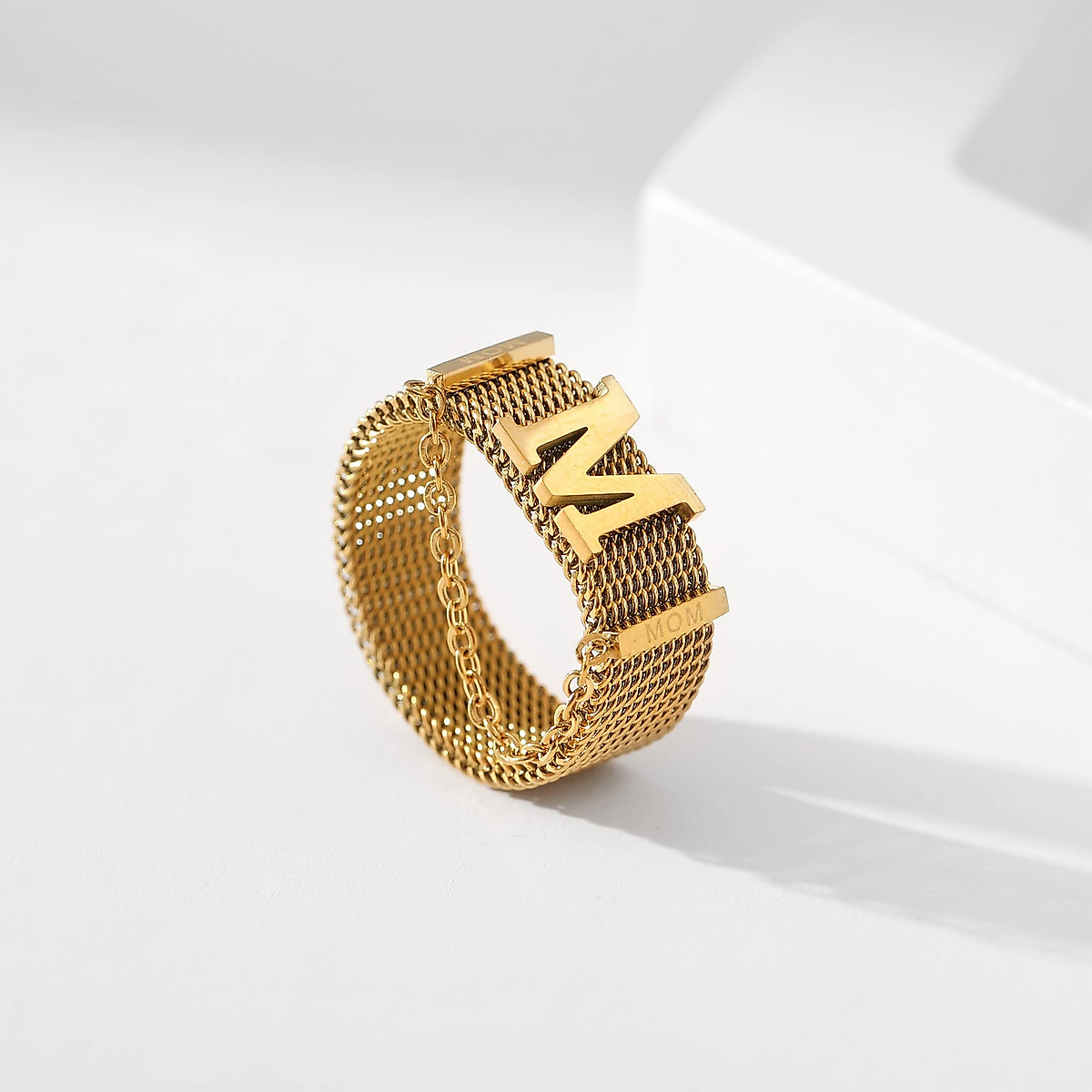 Yumikoo Golden Hip Hop Chain Rings Titanium Stainless Steel Rings for Women Size8