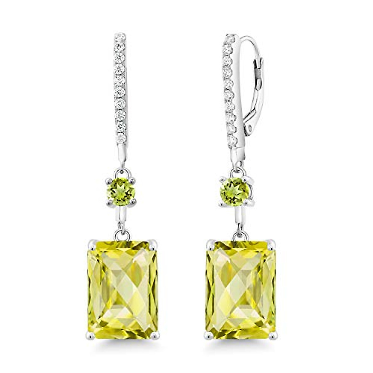 Gem Stone King 14.60 Ct Octagon Checkerboard Yellow Lemon Quartz Green Peridot 925 Silver Dangle Earrings