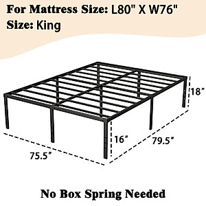 Jebosam 18 inch High King Bed Frame No Box Spring Needed Heavy Duty Steel Support 2500 lbs King Size Bed Frame Easy to Assemble Non-Slip Noise Free Black King Size Metal Bed Frame
