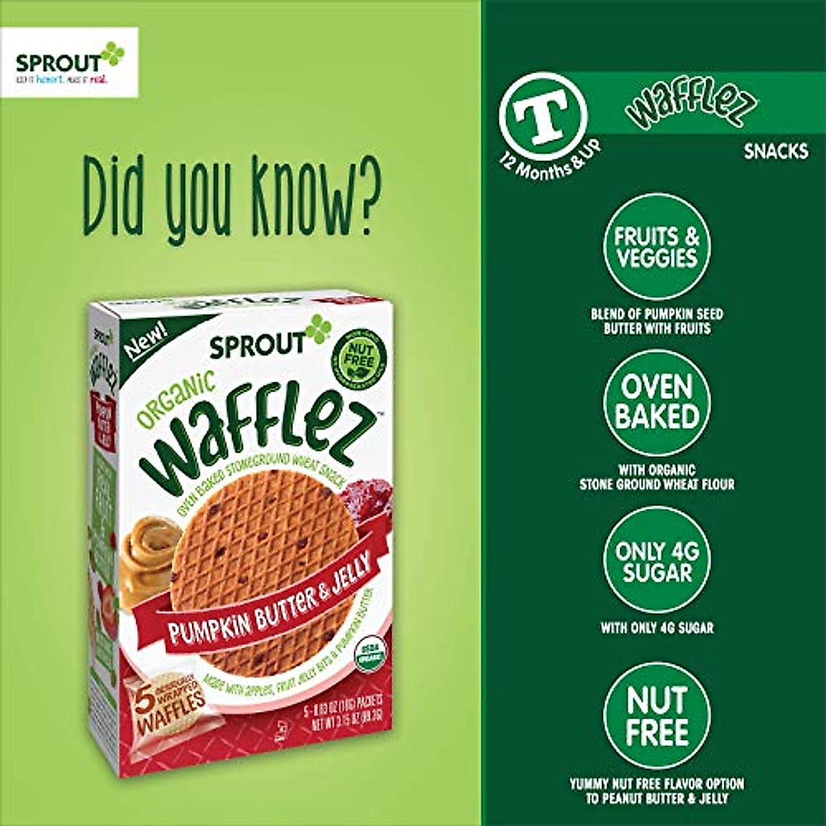 Sprout Organic Baby Food, Stage 4 Toddler Snacks, Pumpkin Butter & Jelly Wafflez, Single Serve Waffles (50 Count),5 Count (Pack of 10)