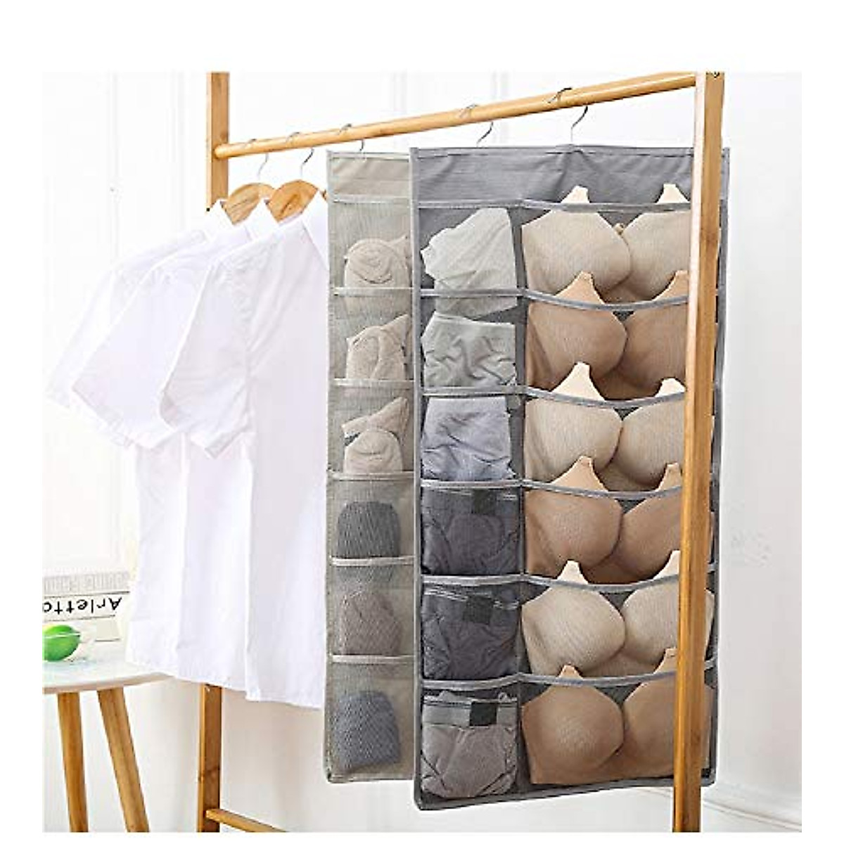 Hanging Closet Organizer for Underwear, Space Saving Storage Pocket Bag Dual-Sided for Bra,Jewelry,Stockings,Panties, Socks, 30 Pockets (Gray)