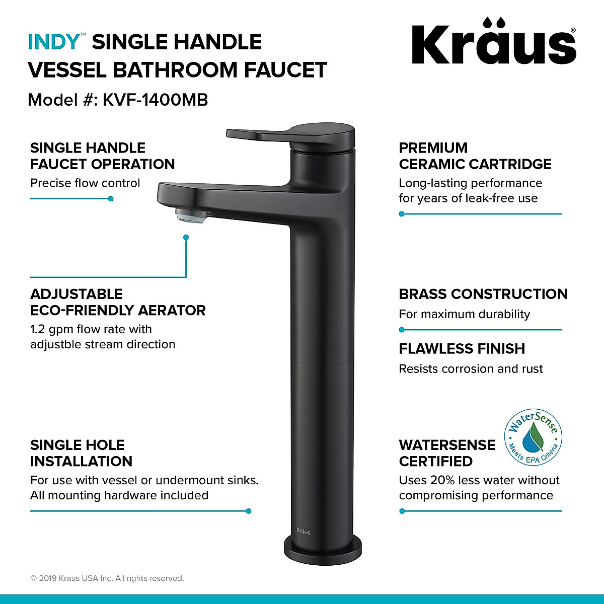 KRAUS Indy Single Handle Vessel Bathroom Faucet in Matte Black, KVF-1400MB