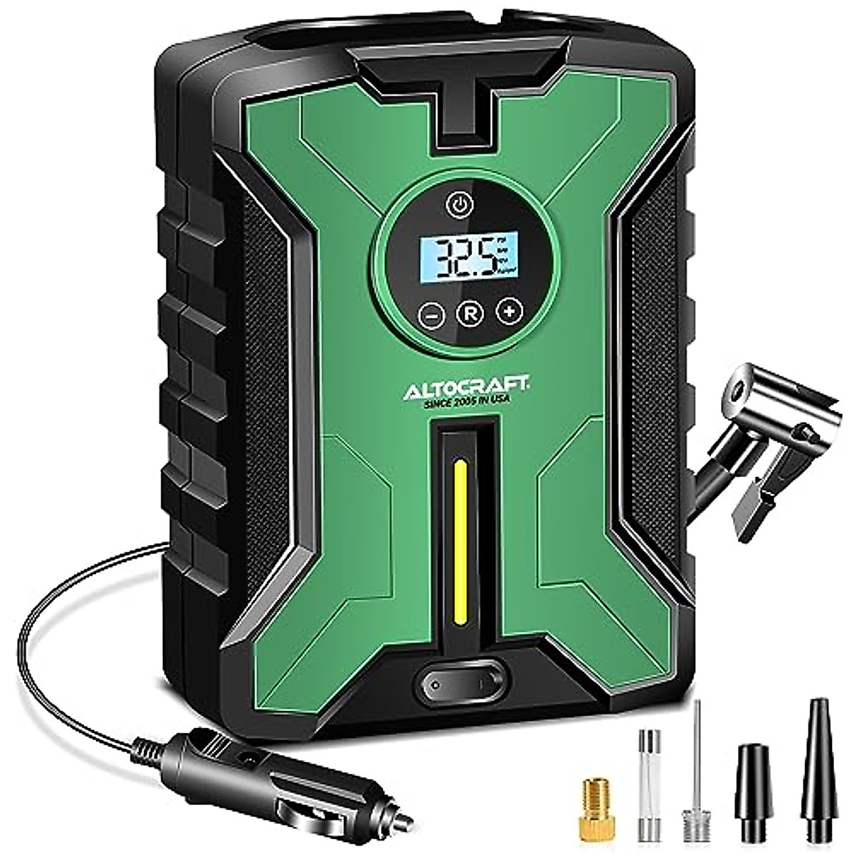 ALTOCRAFT Portable Tire Inflator Pump Air Compressor 12V DC with Digital Pressure Gauge and LED Light,150PSI Auto Shut-Off for Car, Bicycle, Motorcycle, and Other Inflatables,Black & Green
