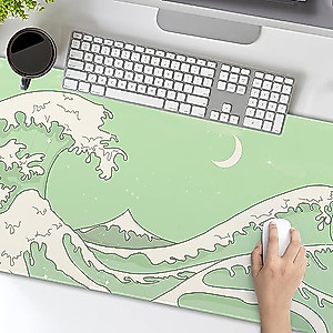 Matcha Green White Japanese Anime Gaming Mouse Pad XXL Cute Kawaii Sage Aesthetic Sea Wave Extended Large Desk Mat Non-Slip Rubber Base Stitched Edge Keyboard Mousepad for PC Laptop,35.4×15.7 in