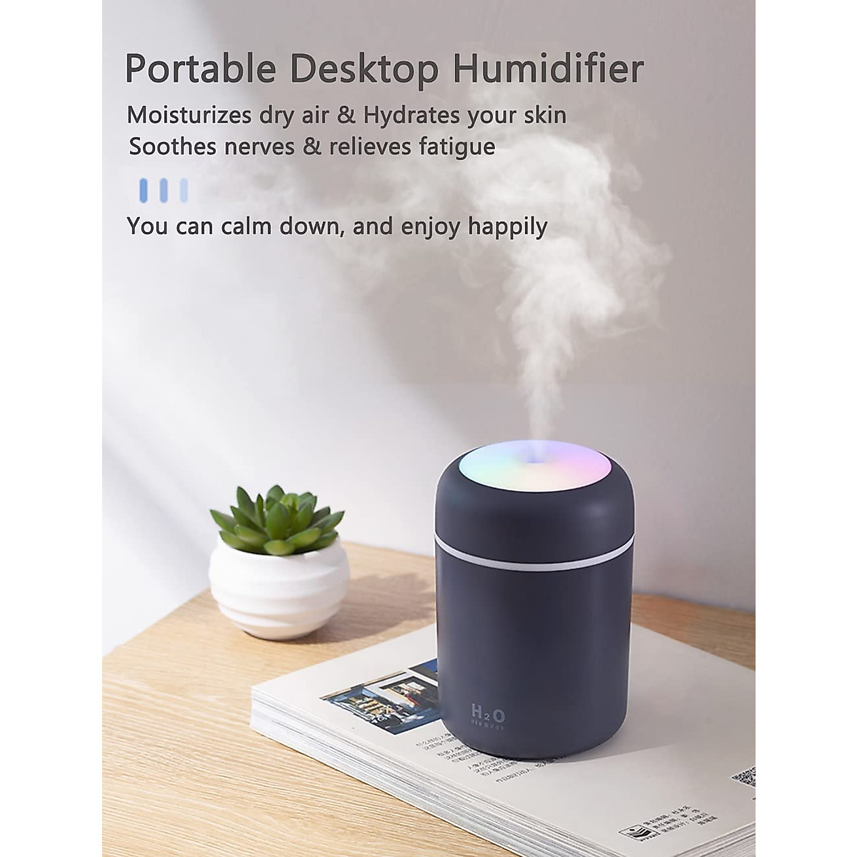 Gekestory Colorful Cool Mini Humidifier, Aromatherapy Essential Oil Diffusers, Cool Mist Humidifiers, Aroma USB Personal Desktop Humidifier for Bedroom, Car, Office. 2 Modes, Super Quiet (300ml Navy)