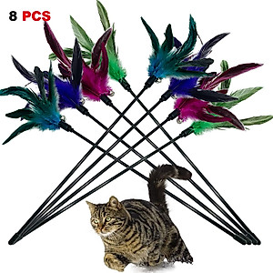 CATENESS Cat Wand Toy Feather Stick Cat Toys, 8 PCS Cat Feather Wand Toys, Interactive Cat Toy Feather Wand for Indoor Cats