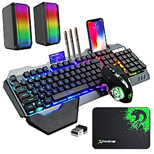 Wireless Gaming Keyboard Mouse and Wired Computer Speaker with Rainbow RGB Backlit Rechargeable Battery Metal Mechanical Ergonomic Waterproof Dustproof Removable Palm Rest for Laptop PC Gamer(Black)