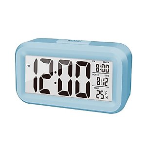 KAIJIELY Upgraded Digital Alarm Clock, 4.3" LED Display with Temperature Larger Lound Light Control Portable Snooze Calendar Brightness with Battery Powered Alarm Clocks Bedside for Everyone (Blue)