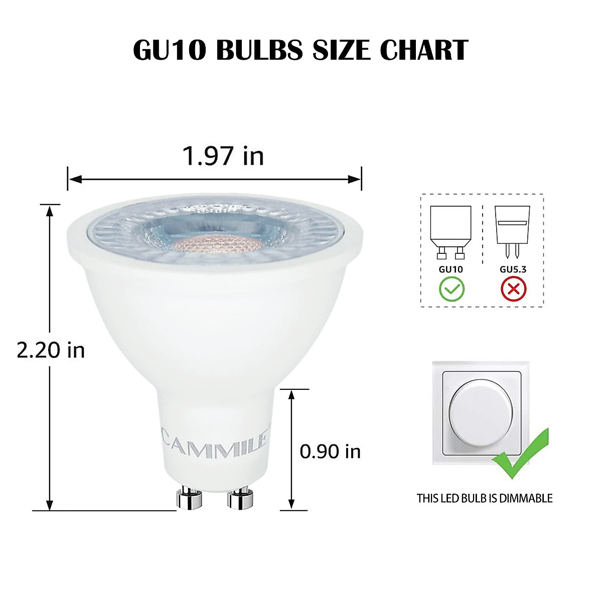 CAMMILE GU10 LED Bulbs Dimmable, 50W Halogen Equivalent, 7W 630LM Spot Light Bulb, 3000K Soft Warm White, LED Replacement Bulb for Track&Recessed Lighting, 40 Degree Beam Angle, Pack of 6