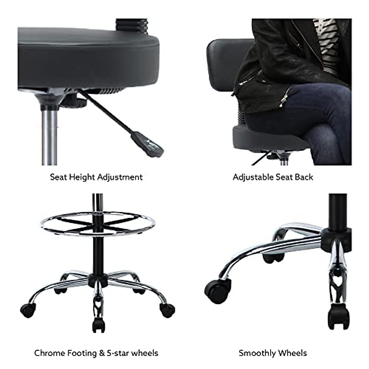 Venus Drafting Stool Chair, Rolling Stools with Wheels, Stools with Backs, Tall Adjustable Office Chair Workbench Stool with Back Support Adjustable Chair Work Stool with Chrome Footrest - Gray
