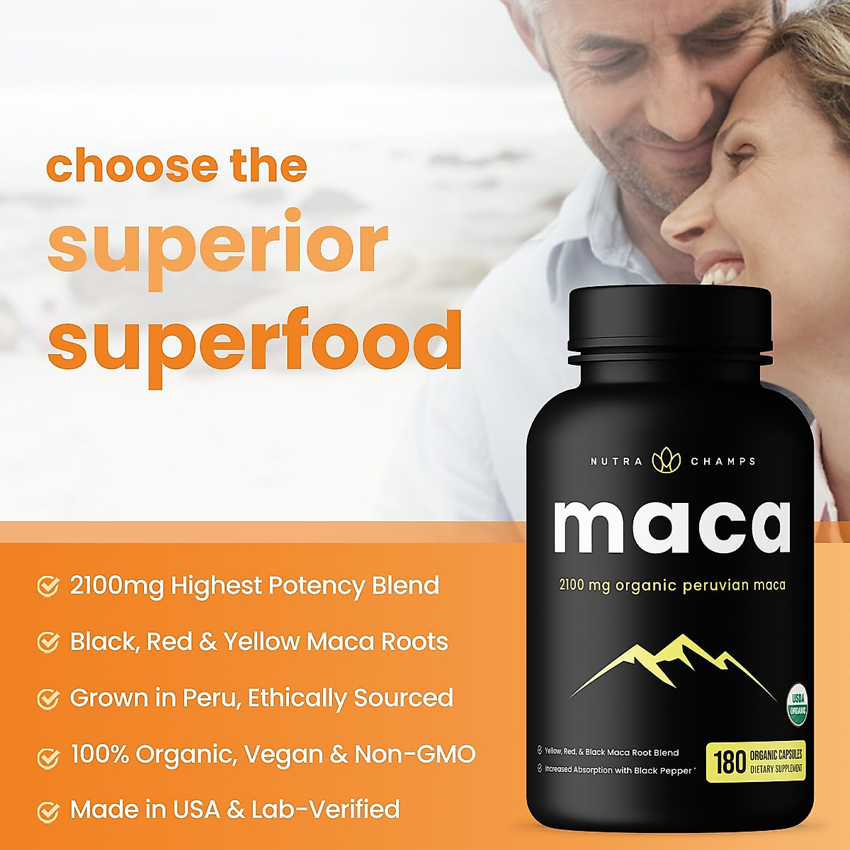 Organic Maca Root Capsules for Women & Men | 2100mg, 180 Vegan Capsules | Black, Red & Yellow Peruvian Gelatinized | Highest Potency Maca Root Powder Supplement | Supports Mood, Reproduction & Energy