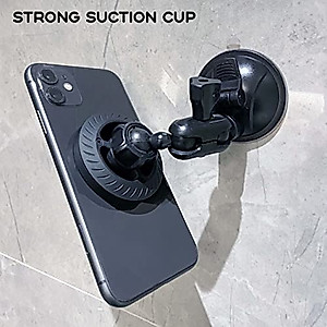 Quyee Magnet Mirror/Shower Phone Holder, Suction Cup Phone Wall Mount for iPhone 14 13 12 11 Pro Max Mini XS XR/Magsafe Case/Magsafe Ring, Gifts for Men Women Kids