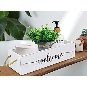 Msyueos Welcome Hello Sweet Cheeks Wooden Storage Box, Toilet Paper Basket, Rustic Bathroom Basket Toilet Basket Tank Topper Toilet Organizer, Home Decor for Livingroom or Kitchen ,White