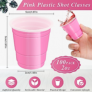Blcculi 100 Pcs 2 oz Plastic Pink Shot Glasses - Disposable Party Cups for Jello Shots, Bachelorette and Birthday Parties - Mini Tasting Serving Shot Cups