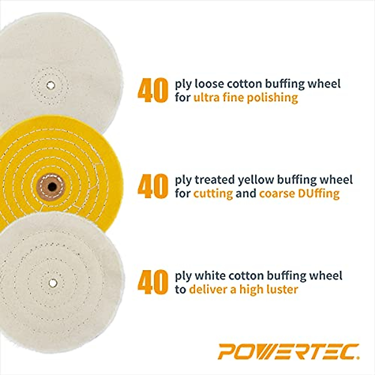 POWERTEC 71631 6 Inch Bench Grinder Buffing Wheel Kit w/ 3pcs Polishing Compound Set Including Black, White, Green Bars and Treated Yellow (40 Ply) Loose Cotton (40 Ply), White Cotton (40 Ply)