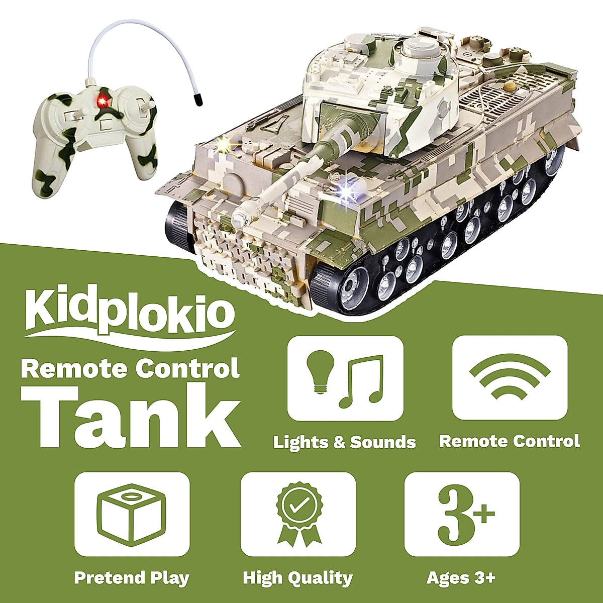 Kidplokio Remote Control Army Military War RC Tank with Lights Sounds, Assorted Camo, Boys, Ages 3+