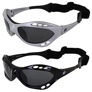 Birdz Eyewear Seahawk Polarized Sunglasses Jet Ski Goggles Sport Kite-Boarding, Surfing, Kayaking 2 Pairs Black Frame and Silver Frame with Smoke Lenses
