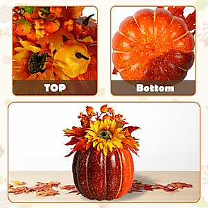 Roseeyo 11 Inch Lighted Pumpkin Decor, Thanksgiving Decorations Artificial Pumpkin with 30 LED Lights 9 Maple Leaves 2 Pumpkins 2 Berry Stems Sunflower Straw, Autumn Pumpkin Home Table Decorations