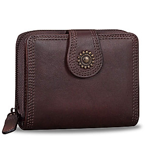 Bifold Leather Wallets for Women Vintage Handmade Small Clutch Short Purse with Zip Card Holder Organizer