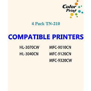 4-Pack ColorPrint Compatible TN210 Toner Cartridge Replacement for Brother TN-210 TN210BK Used for MFC-9325CW MFC 9320CW 9120CN 9125CN MFC-9010CN HL-3075CW HL 3070CW 3040CN 3045CN Printer (BK,C,M,Y)
