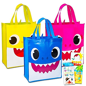screen legends Baby Shark Tote Bag Bundle - 3 Baby Shark Reusable Grocery Bags, Travel Totes for Kids Party Supplies, Party Favors Plus Stickers, More | Baby Shark Reusable Tote Bag
