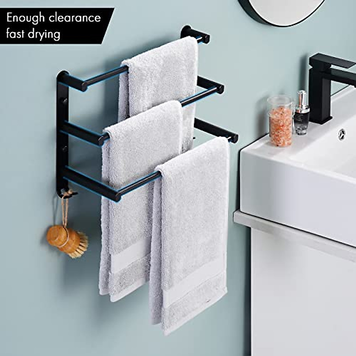 KES 3-Tier Black Towel Bar 16 Inch Bathroom Towel Rack Towel Holder Rustproof Towel Hanger Slipper Rack with 2 Hooks Wall Mount, BTH400S40DG-BK