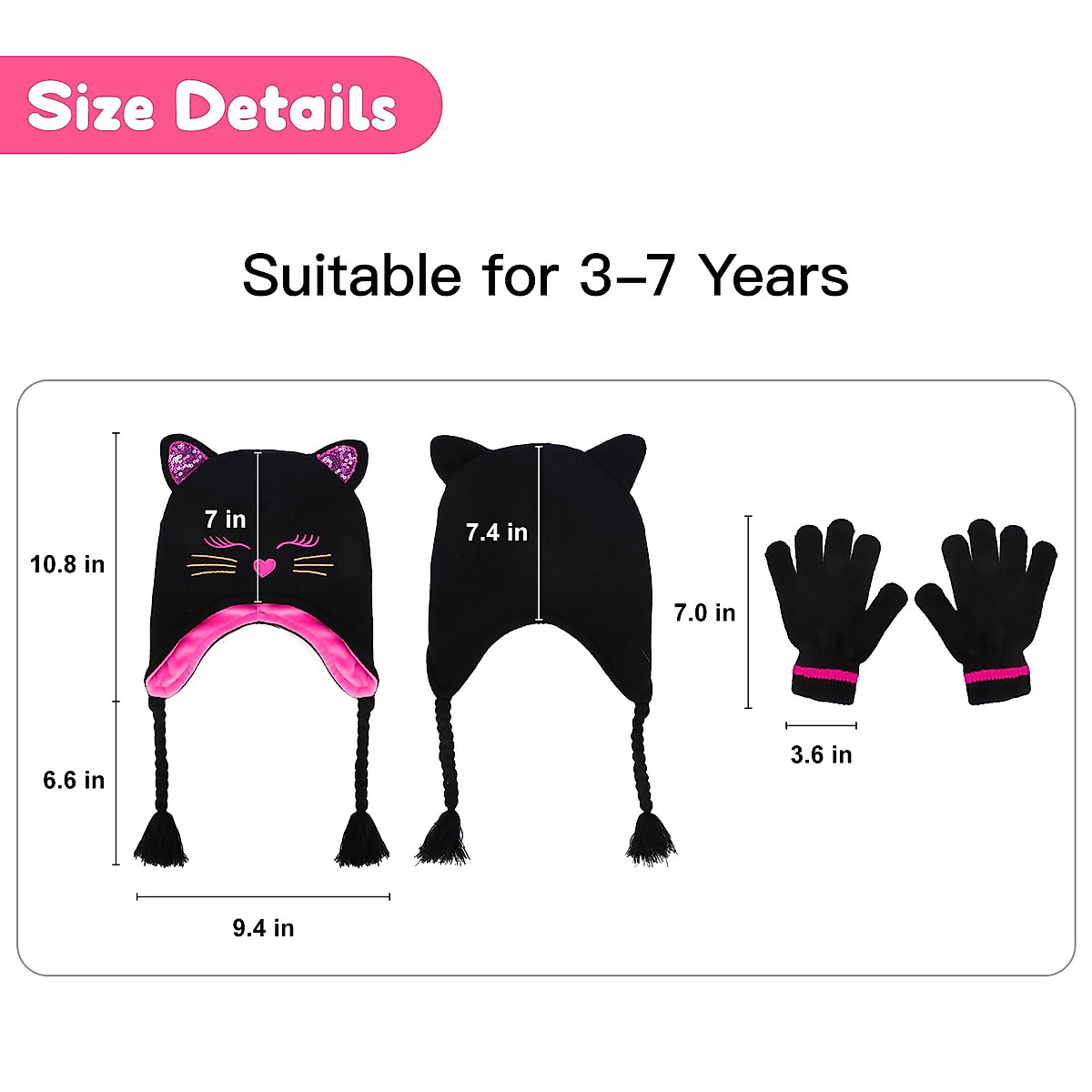 Girl Knit Cat Ear Beanie Hat and Glove Set Kids Winter Earflap with Braided Ski Skull Cap Mitten Set Age 3-7