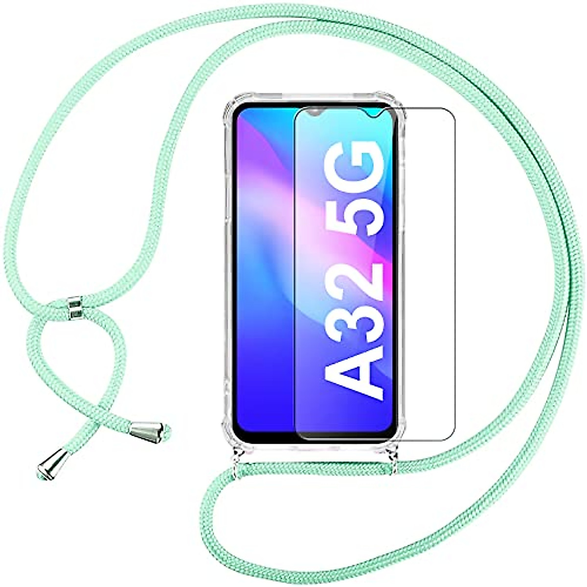 KAPUCTW Crossbody Lanyard Case for Samsung Galaxy A32 5G 6.5" + 1 x Tempered Glass Screen Protector,Adjustable Cord Strap Necklace Phone Cover TPU Silicone Protective Case for Samsung A32 5G,Green
