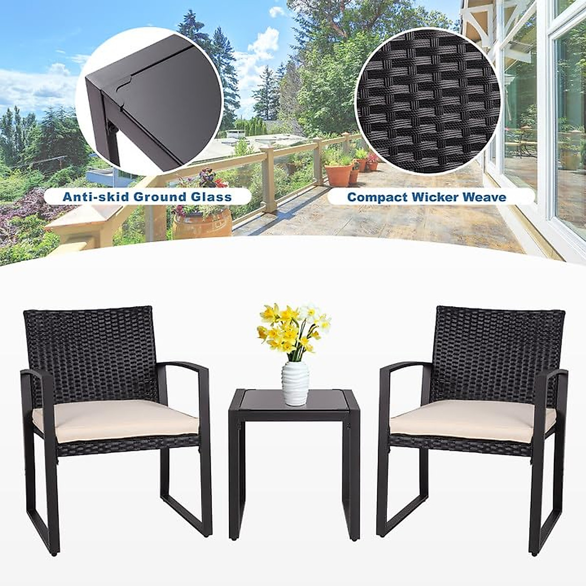 Shintenchi 3 Pieces Outdoor Patio Furniture Set Modern Black Wicker Bistro Set Rattan Chair Conversation with Coffee Table for Yard Porch Poolside Lawn(Beige)