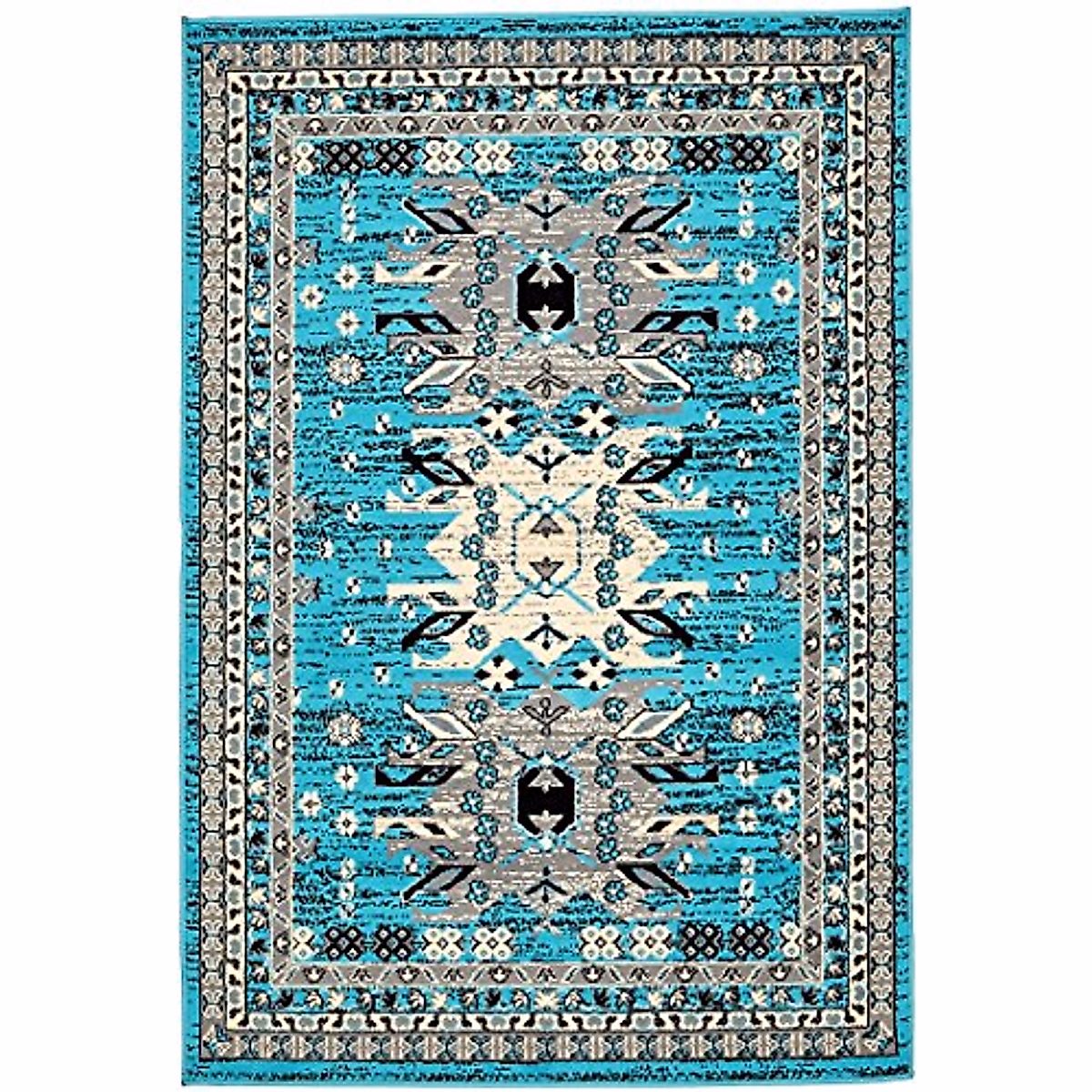 Unique Loom Taftan Collection Border Geometric Tribal Inspired Design Area Rug, 4 ft x 6 ft, Turquoise/Gray