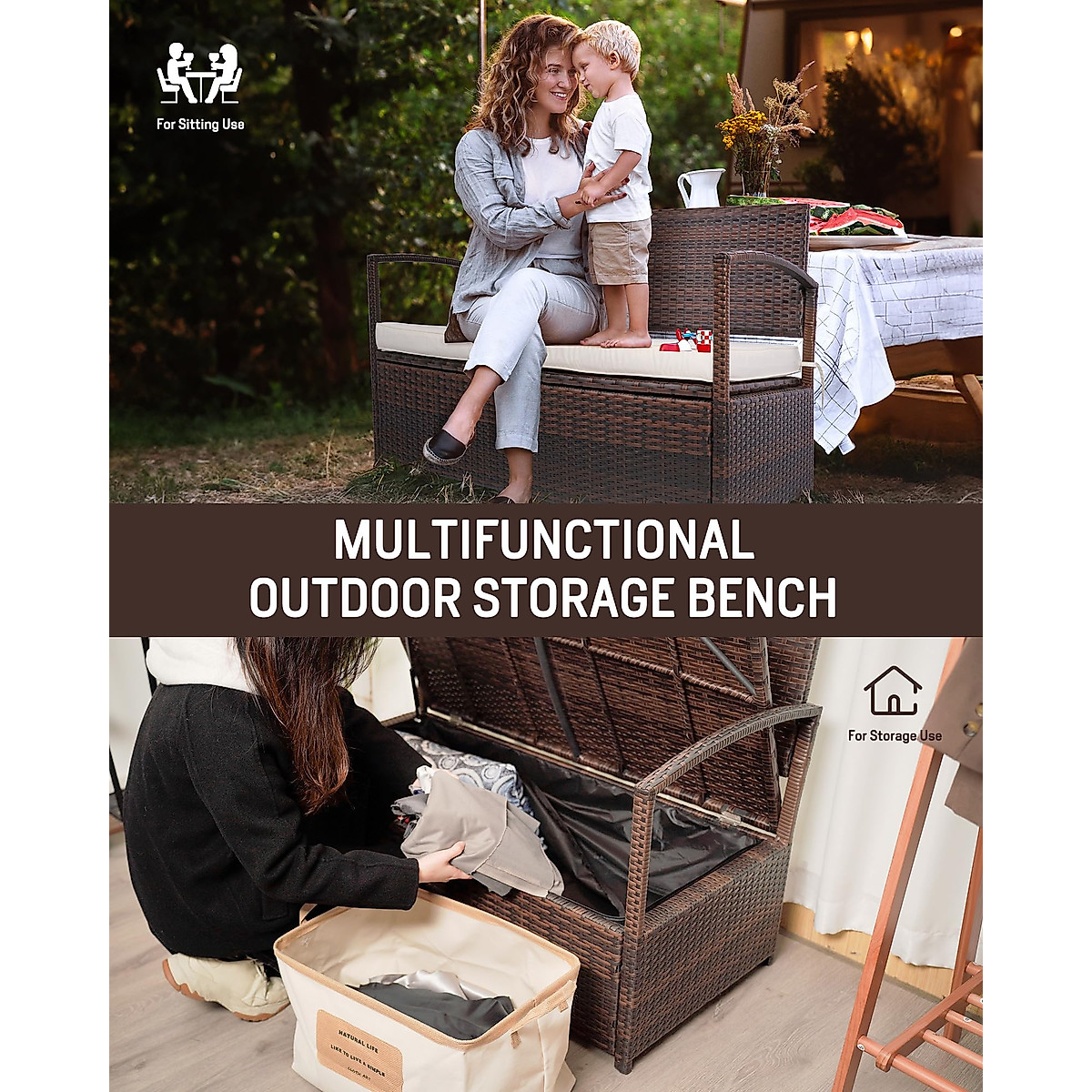 OYODHPDU 60 Gallon Outdoor Storage Bench- All Weather PE Rattan Deck Box- Deck Box w/Thick Seat Cushion- Patio Sofa Storage Bench with Cushion for Porch, Yard, Lawn, Garden (Brown)