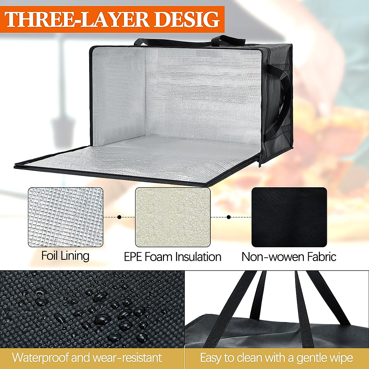 Maxcheck 6 Pcs Insulated Food Delivery Bag XXXL Large Capacity Hot Cold Grocery Tote Bag Reusable Warming Cooler Pizza Catering Bag Carrier for Commercial Travel Lunch Shopping Gifts(Black)