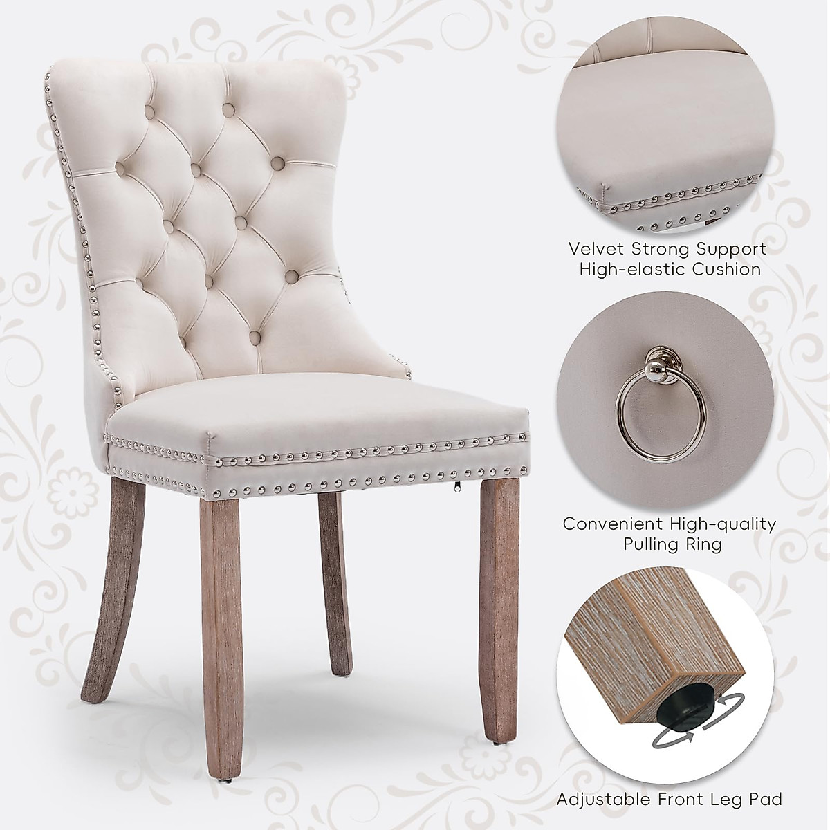 SoarTalent Velvet Upholstered Dining Chairs Set of 6, Modern Style Kitchen Side Chairs with Nailhead Trim and Wood Legs,Metal Pulling Ring for Dining Room Living Room(Beige,Set of 6)